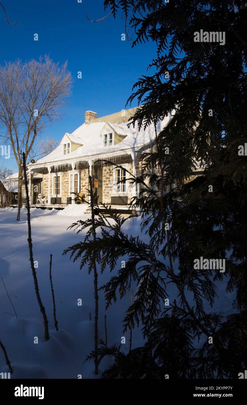 Old 1700s two story Canadiana style fieldstone home through trees in ...