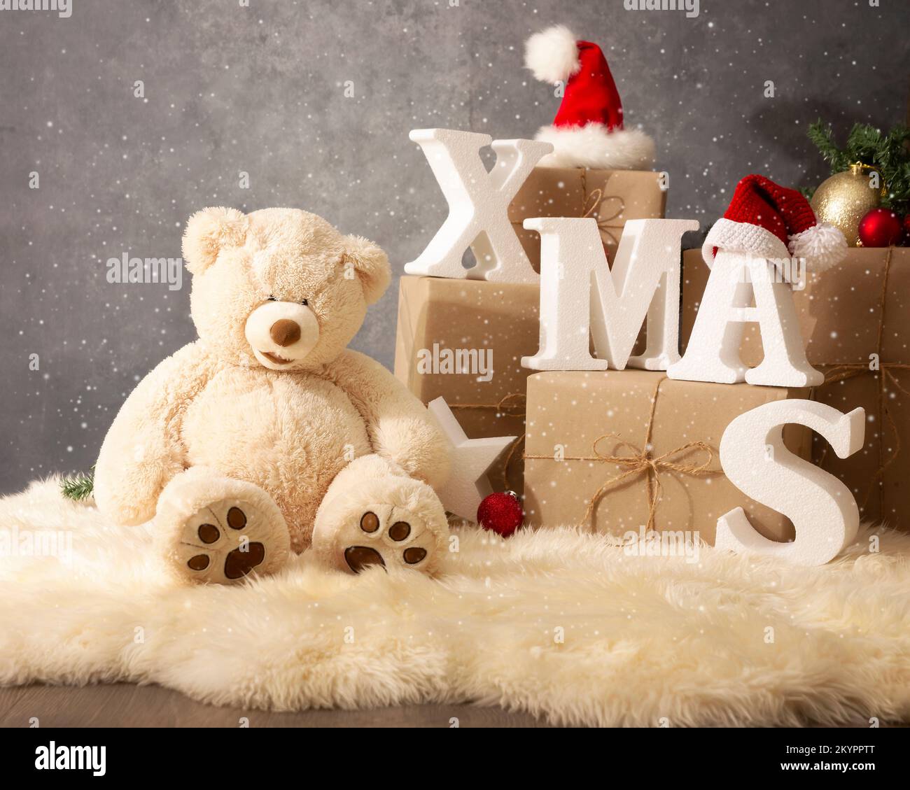 indoor christmas scene with rustic gift boxes, christmas decorations ...