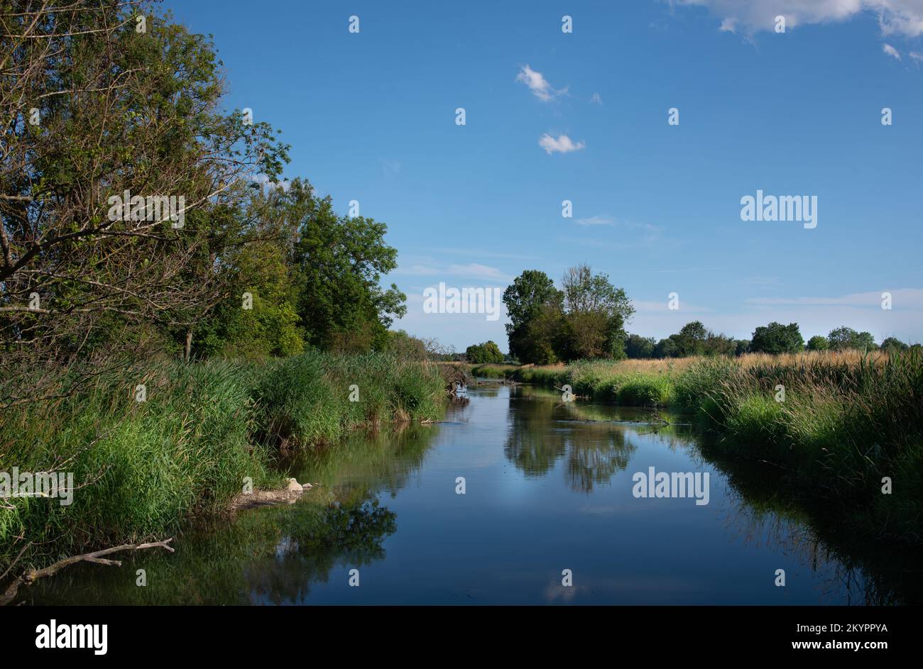 The sky is reflected in a narrow calm river. In summer, green meadows ...
