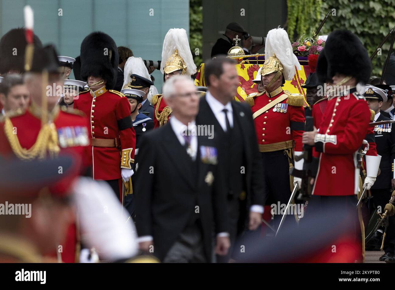 LONDON, ENGLAND: The State Funeral procession for HM Queen Elizabeth II as seen from The Mall ...