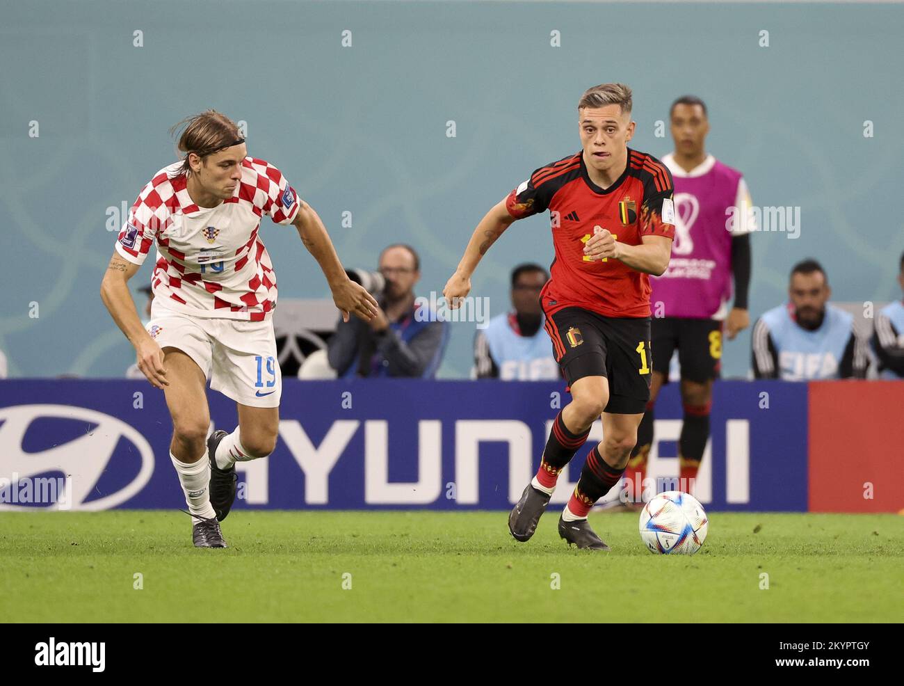 Leandro Trossard of Belgium, Borna Sosa of Croatia (left) during the FIFA World Cup 2022, Group ...