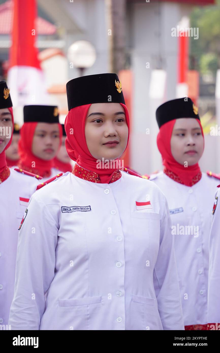 Indonesian flag raiser participating in marching (baris berbaris) to ...