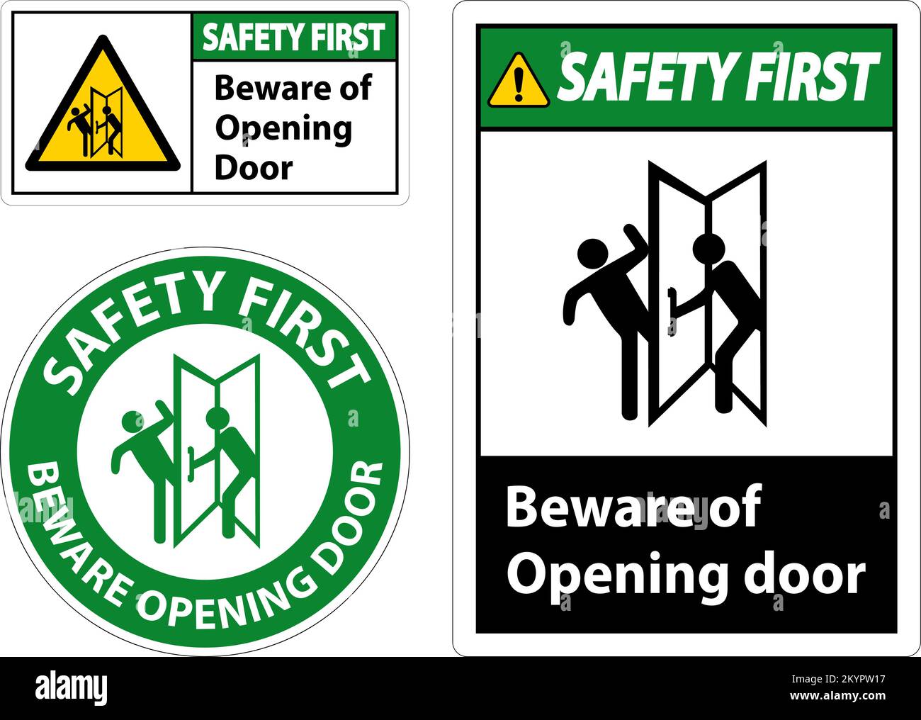 Safety First Beware Opening Door Sign On White Background Stock Vector ...