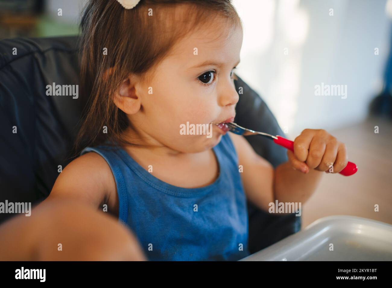 Portrait caucasian baby girl eating pasta from plate sitting high chair ...