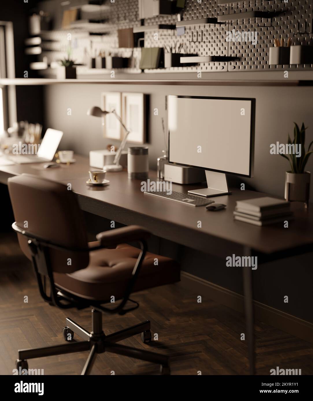 Modern urban loft office desk with computer and accessories on dark ...