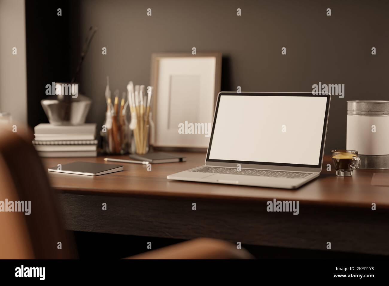Modern creative office desk workspace with laptop white screen mockup ...