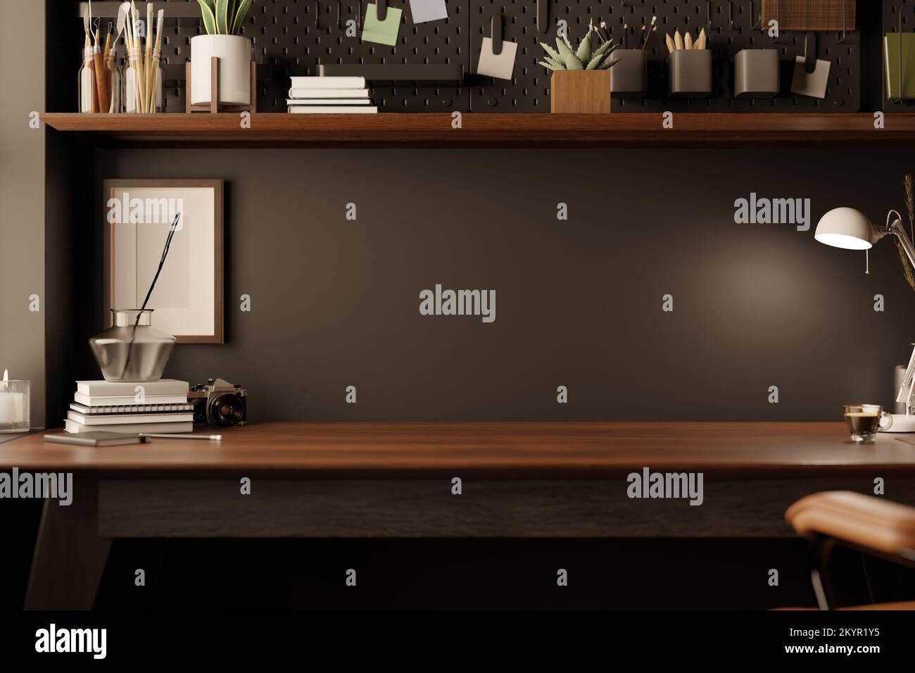 Modern stylish black office desk workspace with accessories and copy ...