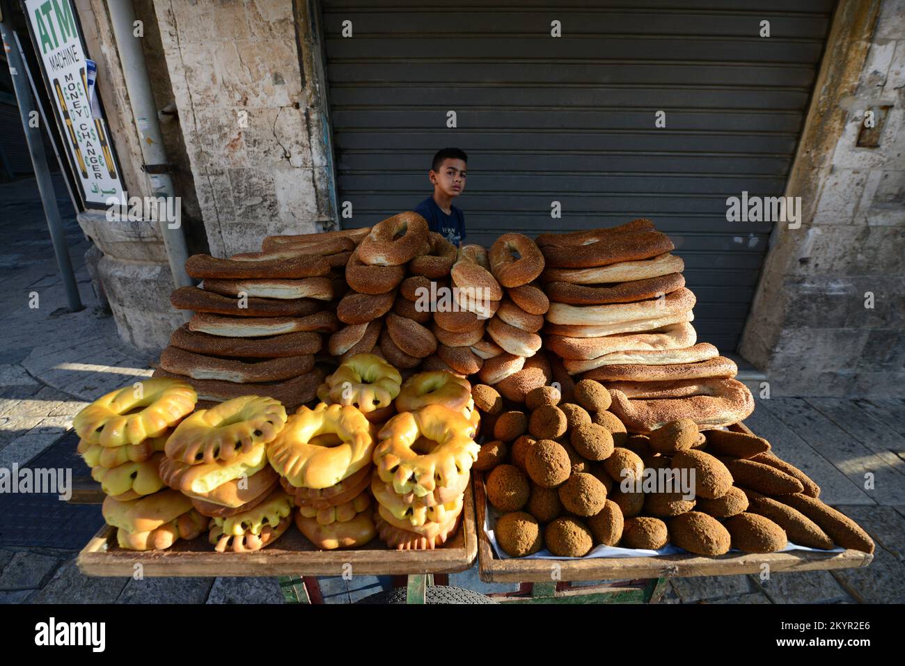 Ka'ek bread sold from a mobile vendor inside the old city of Jerusalem ...
