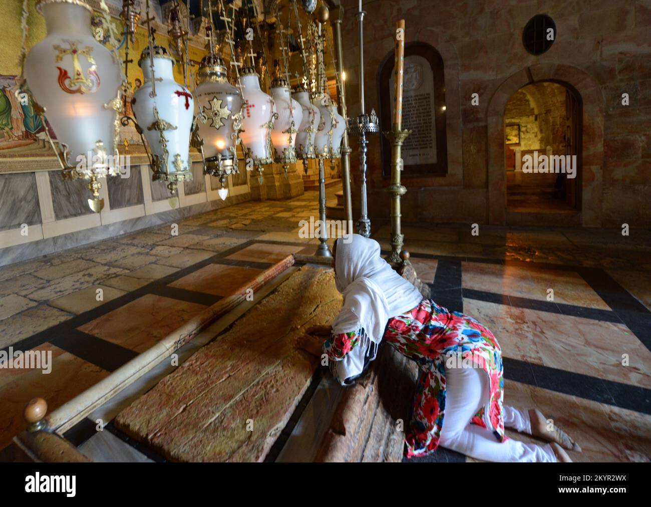 The Stone of Anointing inside the church of the holy Sepulchre in the ...