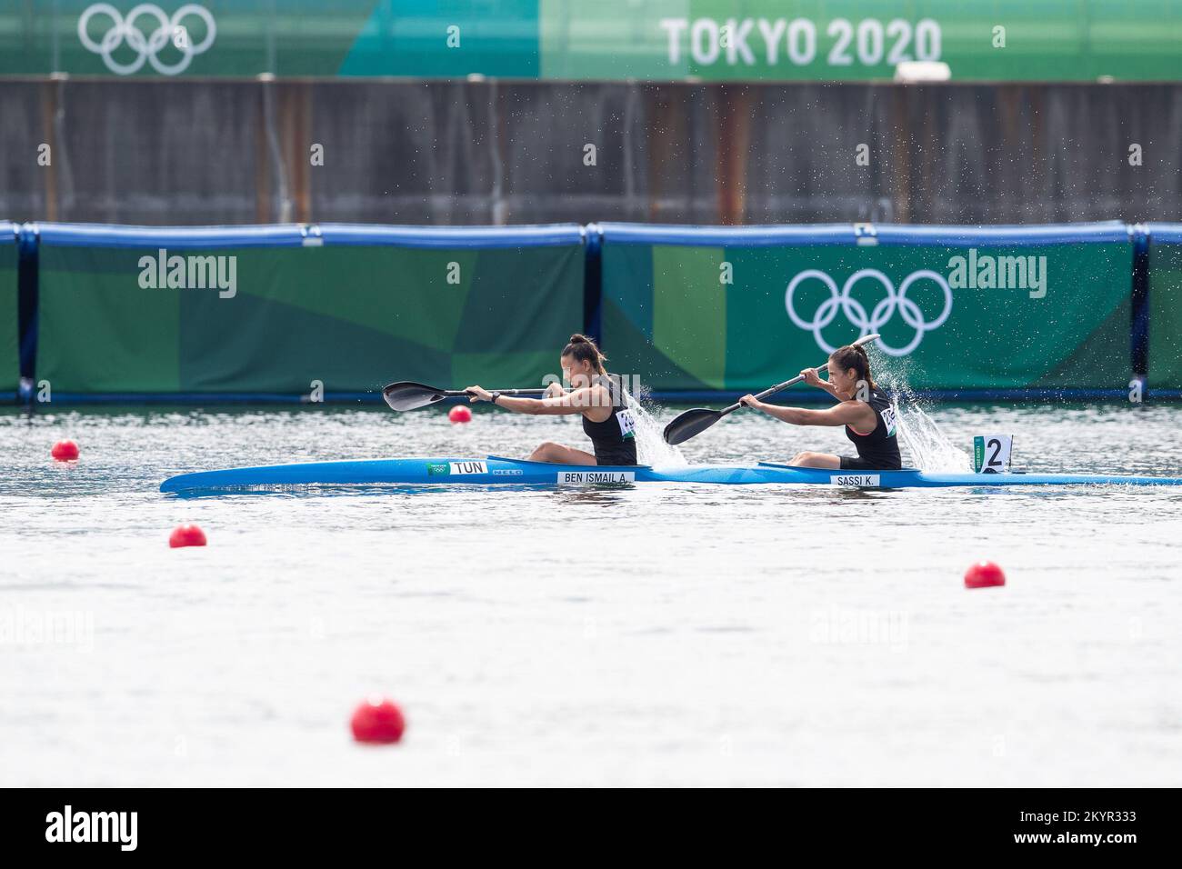 August 02, 2021: Afef Ben Ismail and Khaoula Sassi of Team Tunisia race during the WomenÕs Kayak ...