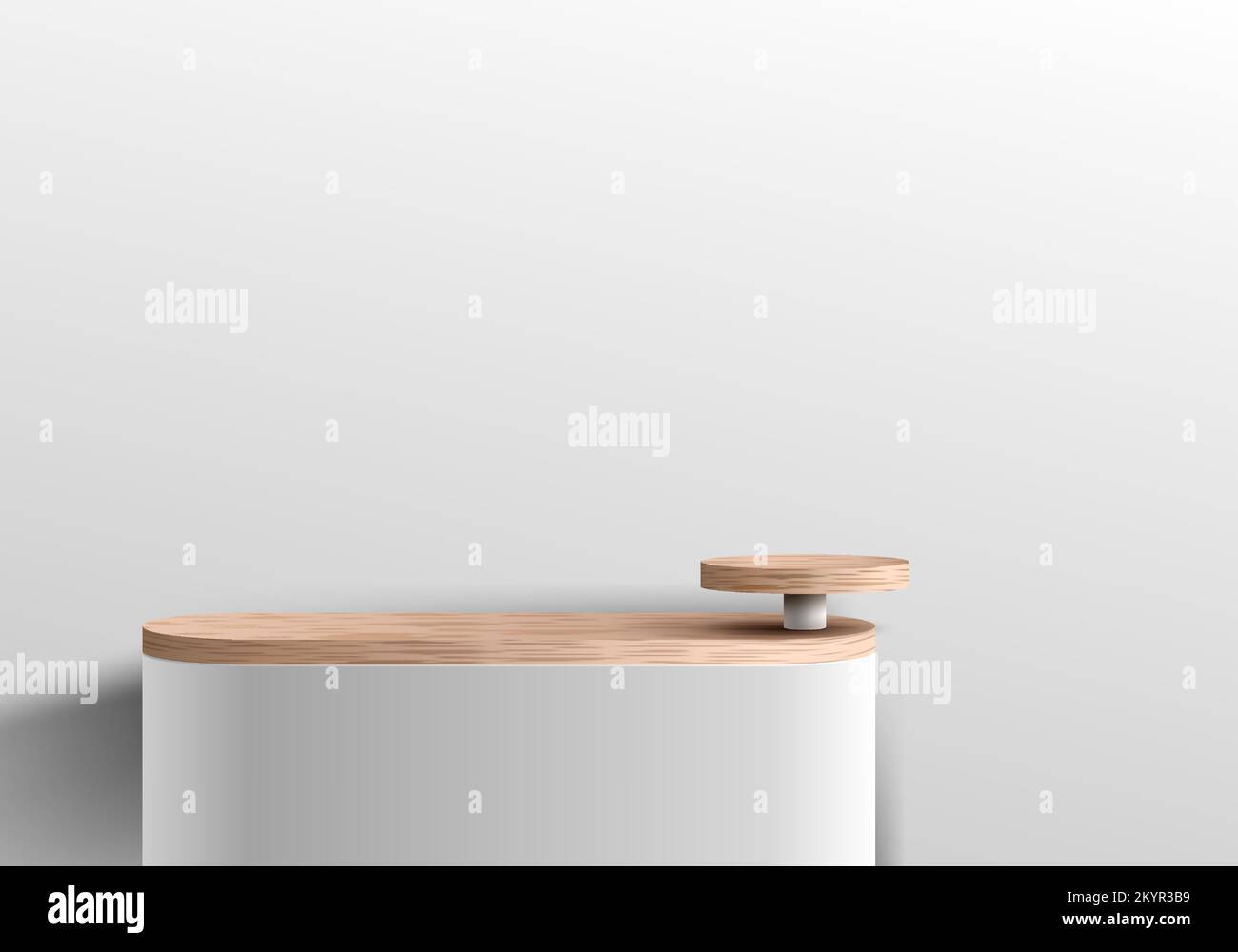 3D realistic geometric forms white and wood podium platform with wood ...
