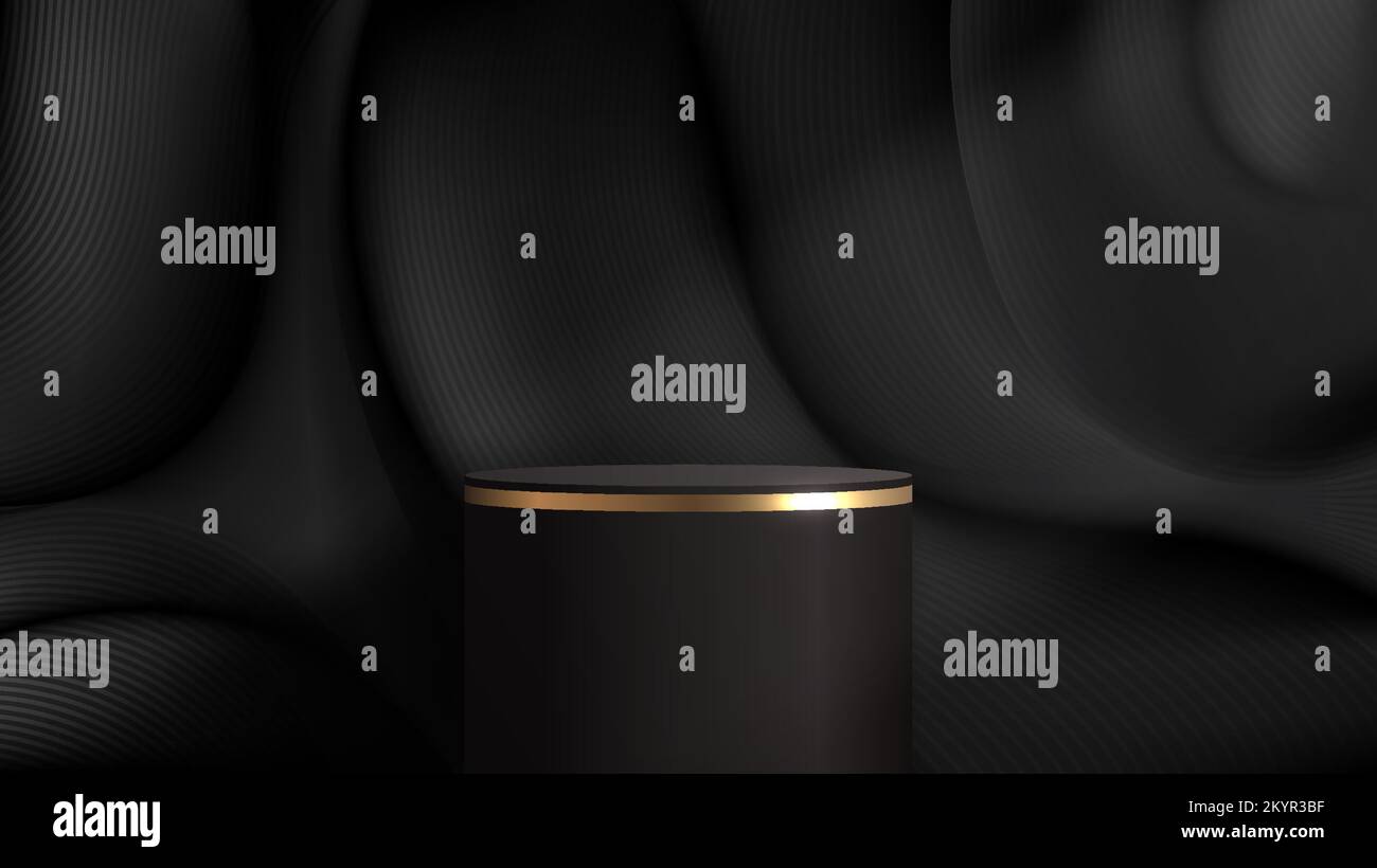 3D realistic elegant black and gold cylinder podium on dark fabric ...