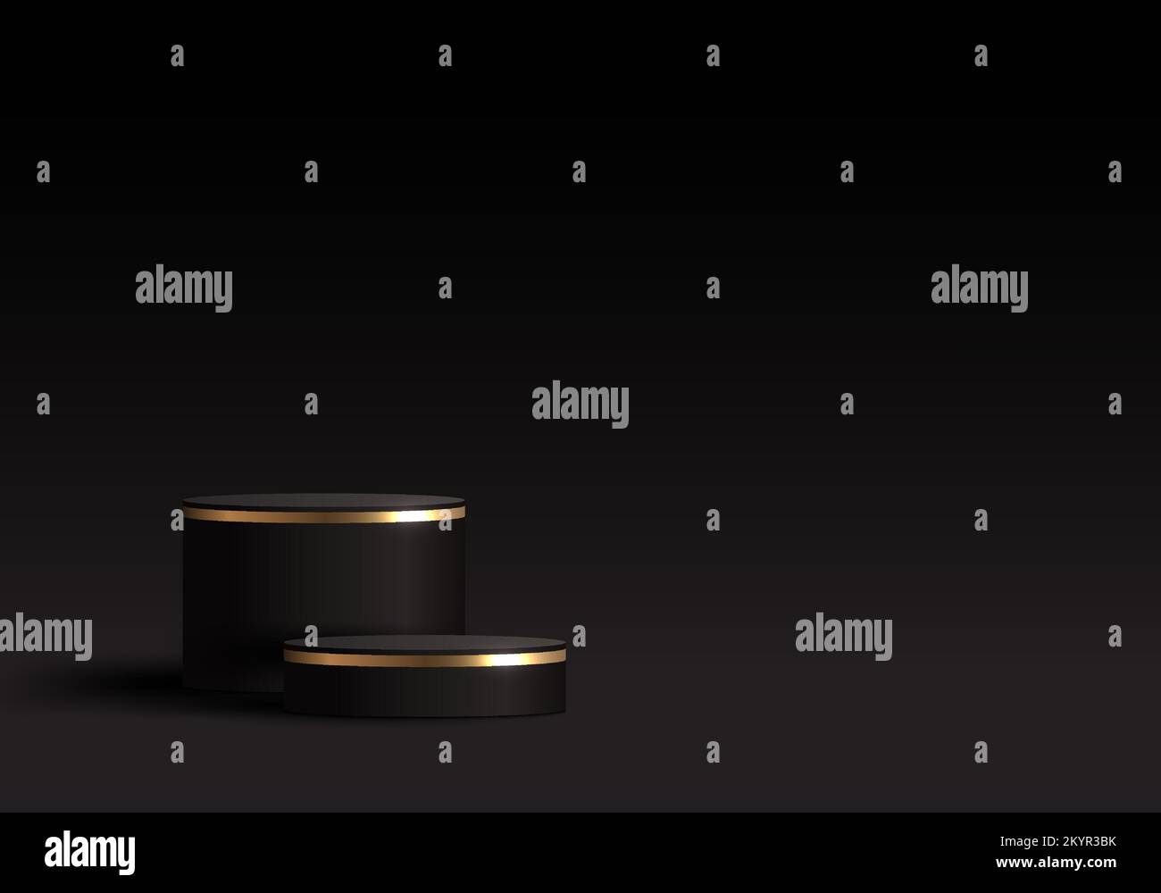 3D realistic elegant black and gold cylinder podium on dark scene ...
