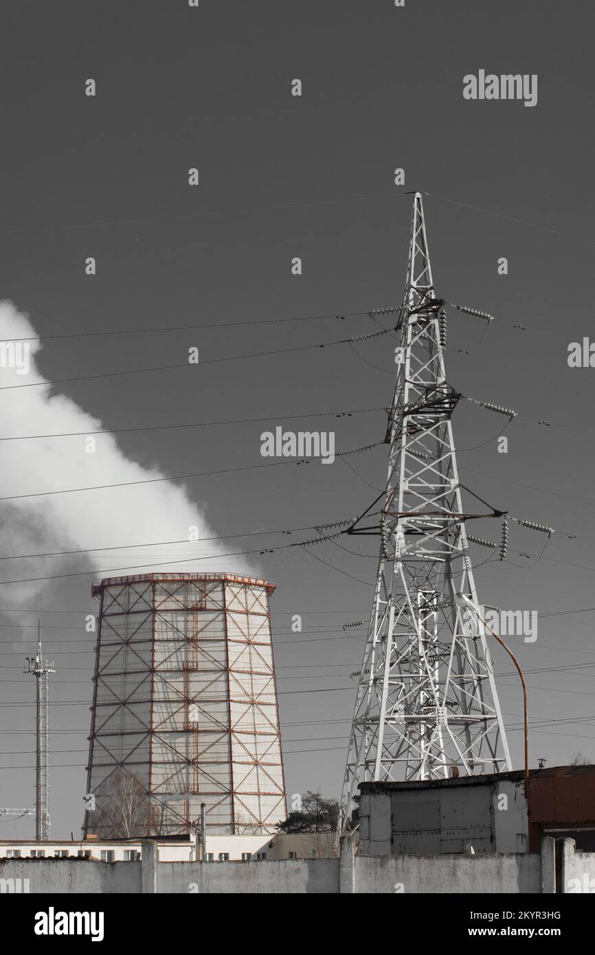 Smoke cooling tower pollution of the surrounding air gray sky ...