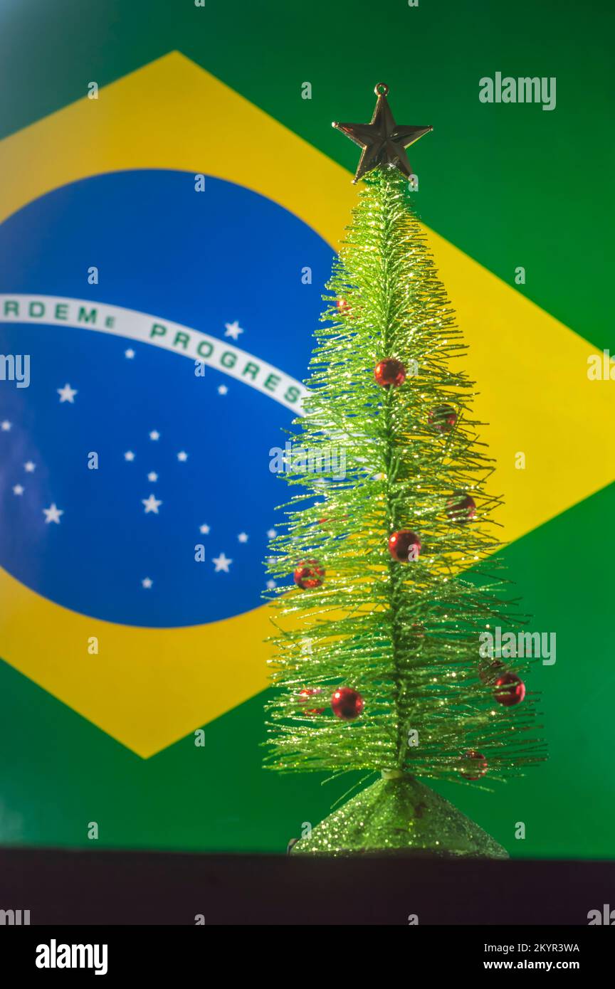 Christmas tree with Brazilian flag in the background, christmas concept ...