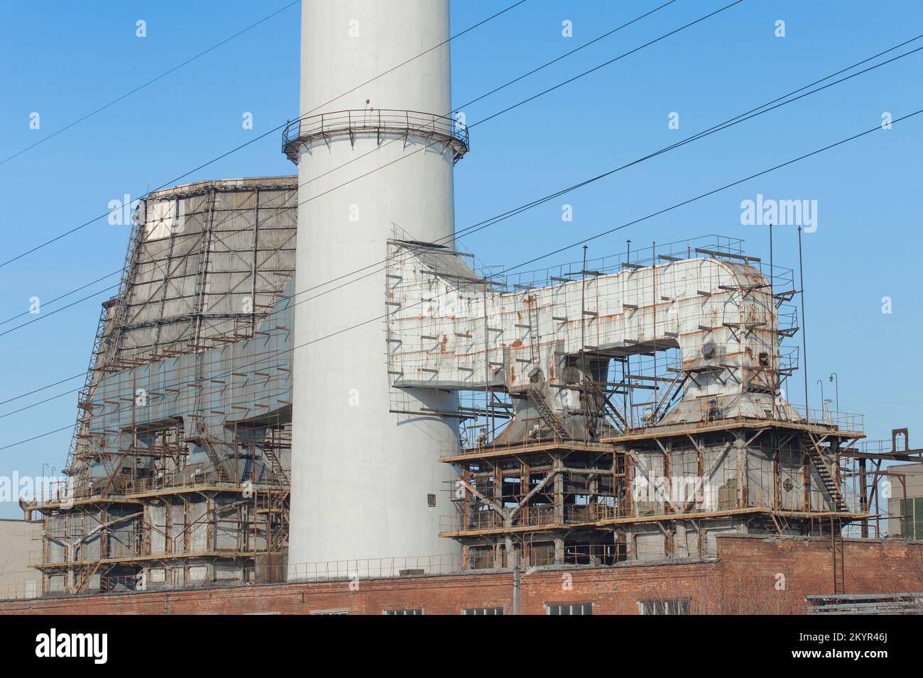 Exhaust old ventilation industrial system of chimney and cooling tower ...