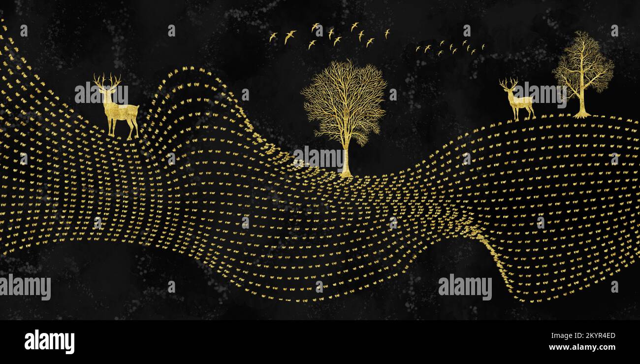 3d modern art mural wallpaper, night landscape with a dark black ...