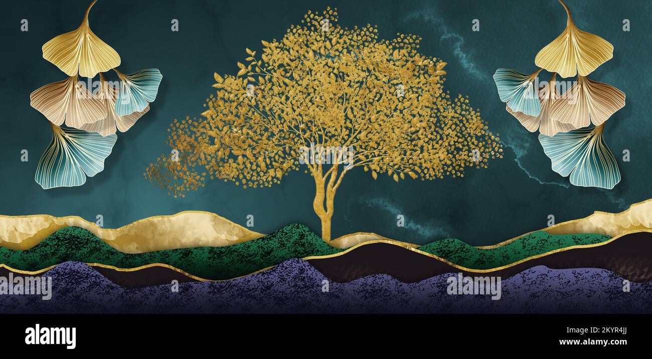 3d modern canvas art mural wallpaper landscape moon, golden trees and ...