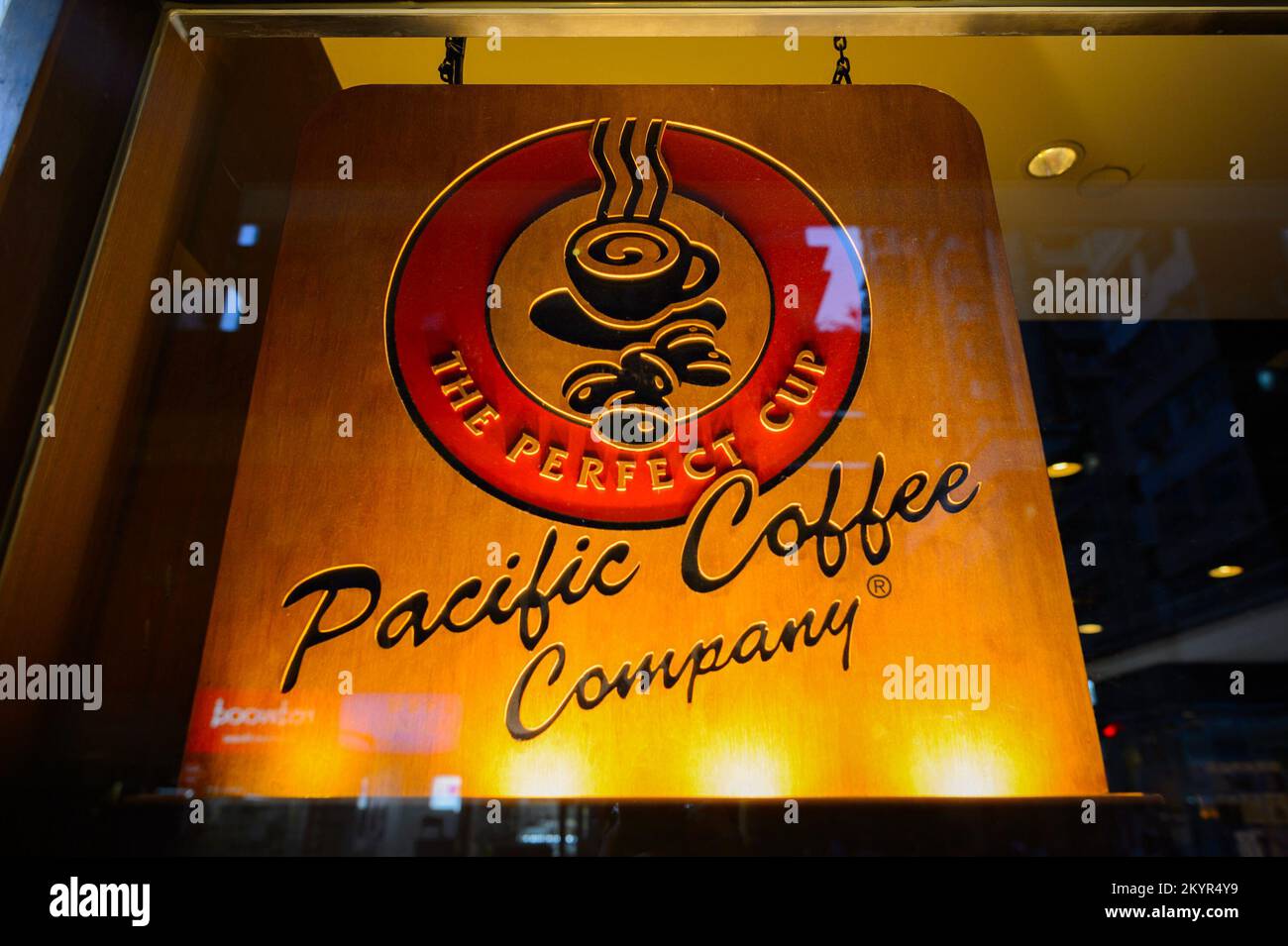 HONG KONG - OCTOBER 25, 2015: Pacific Coffee logo at night. Pacific ...