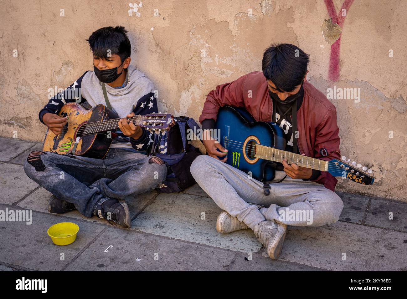 Two teenage boys busking for tips in Oaxaca City, Mexico Stock Photo ...
