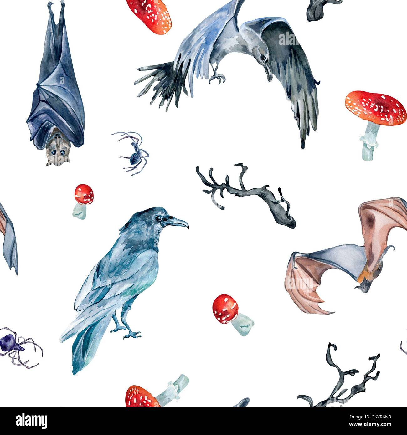 Fly agaric mushroom and bat, crow watercolor seamless pattern isolated ...