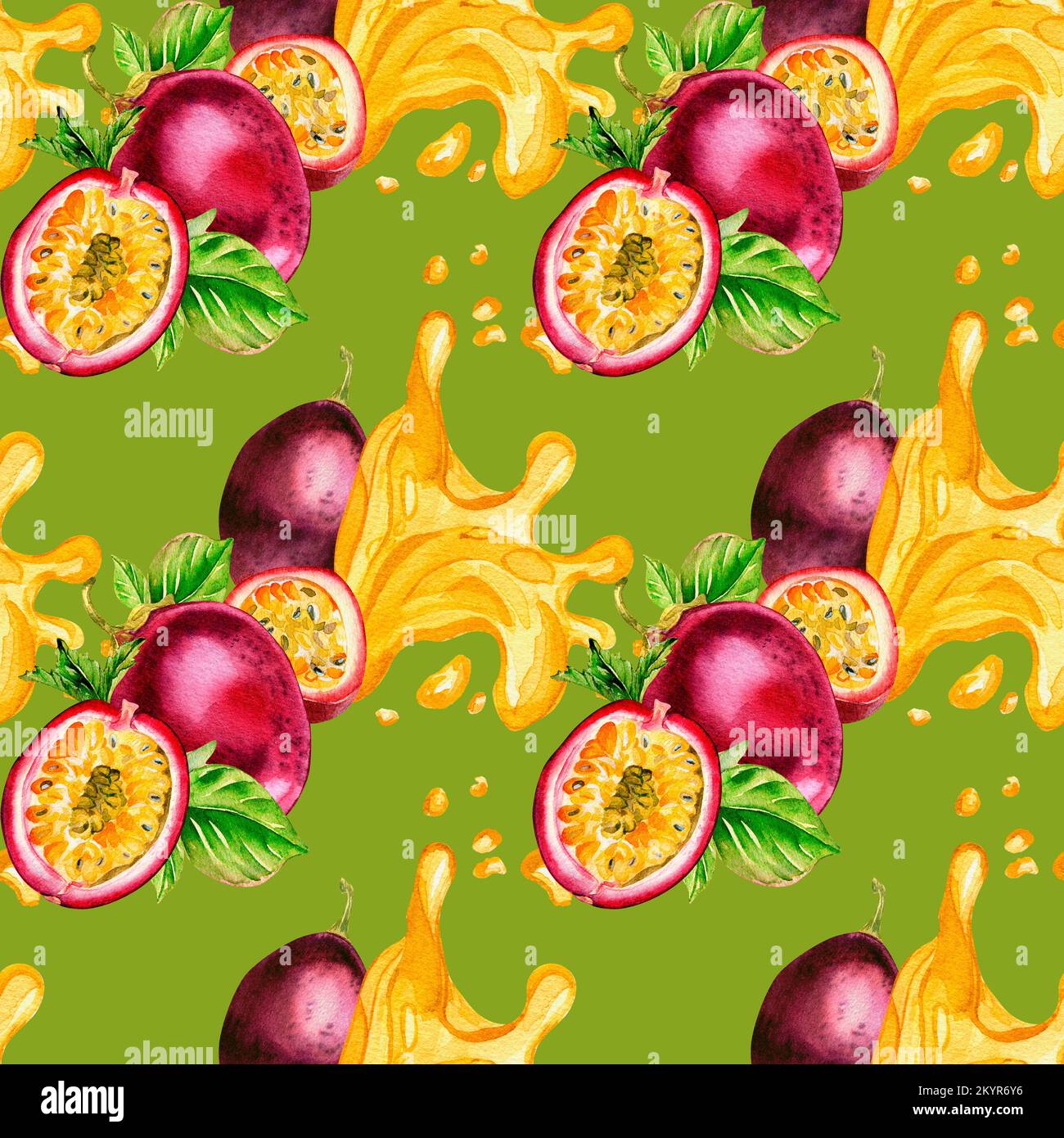 Purple passion fruit and splash juice watercolor seamless pattern ...