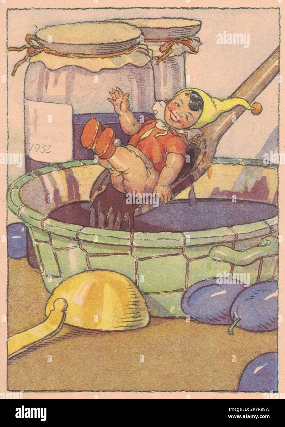 Colourful vintage illustration shows a little fairytale boy slides on ... Colourful vintage illustration shows a little fairytale boy slides on ...