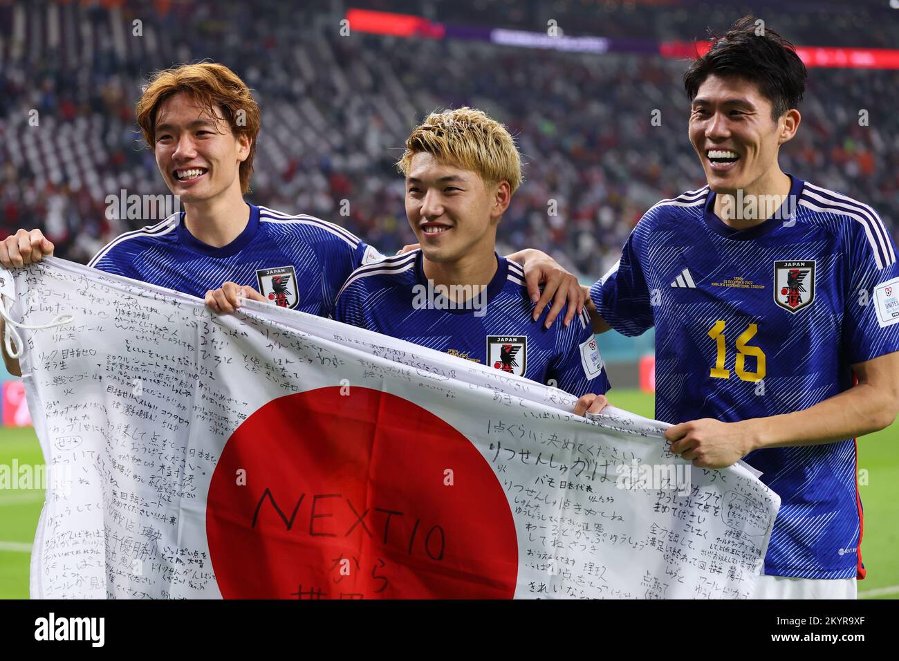 Al Rayyan, Qatar. 1st Dec, 2022. (L to R) Ko Itakura, Ritsu Doan, Takehiro Tomiyasu (JPN ...