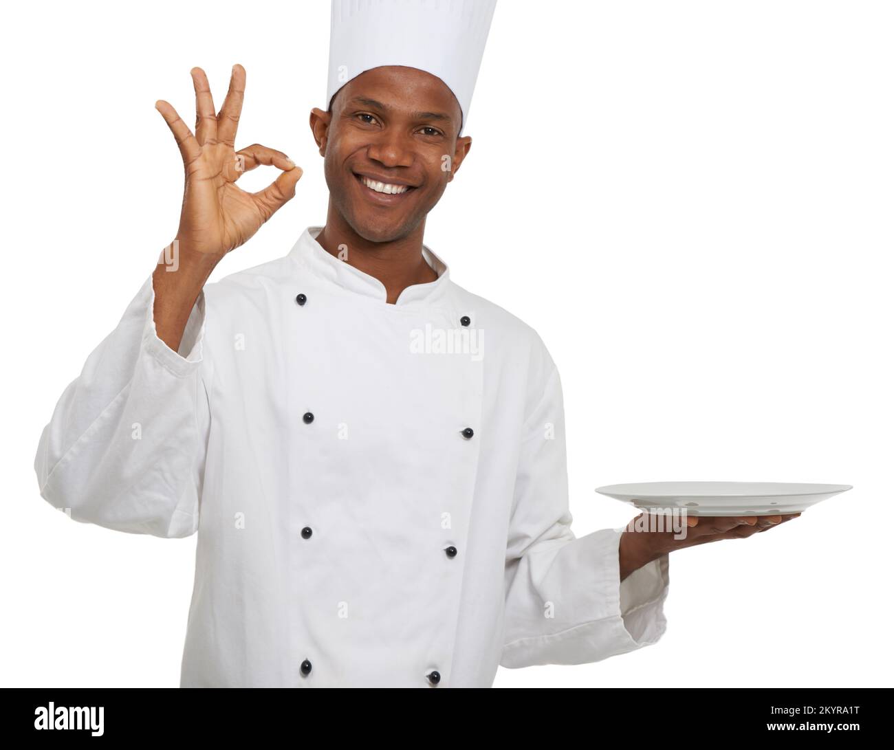 His dishes are always perfect. Portrait of an african chef signaling ... His dishes are always perfect. Portrait of an african chef signaling ...