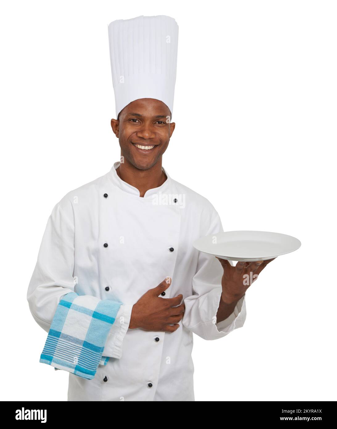 You decide what food goes on this plate. A happy african chef bringing ...