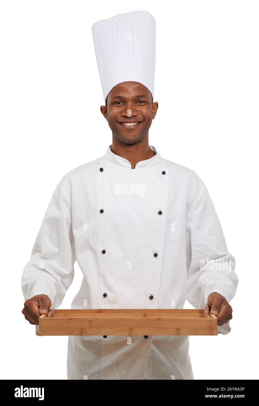 Ready to dish up a treat. An African-American chef holding a tray and ...