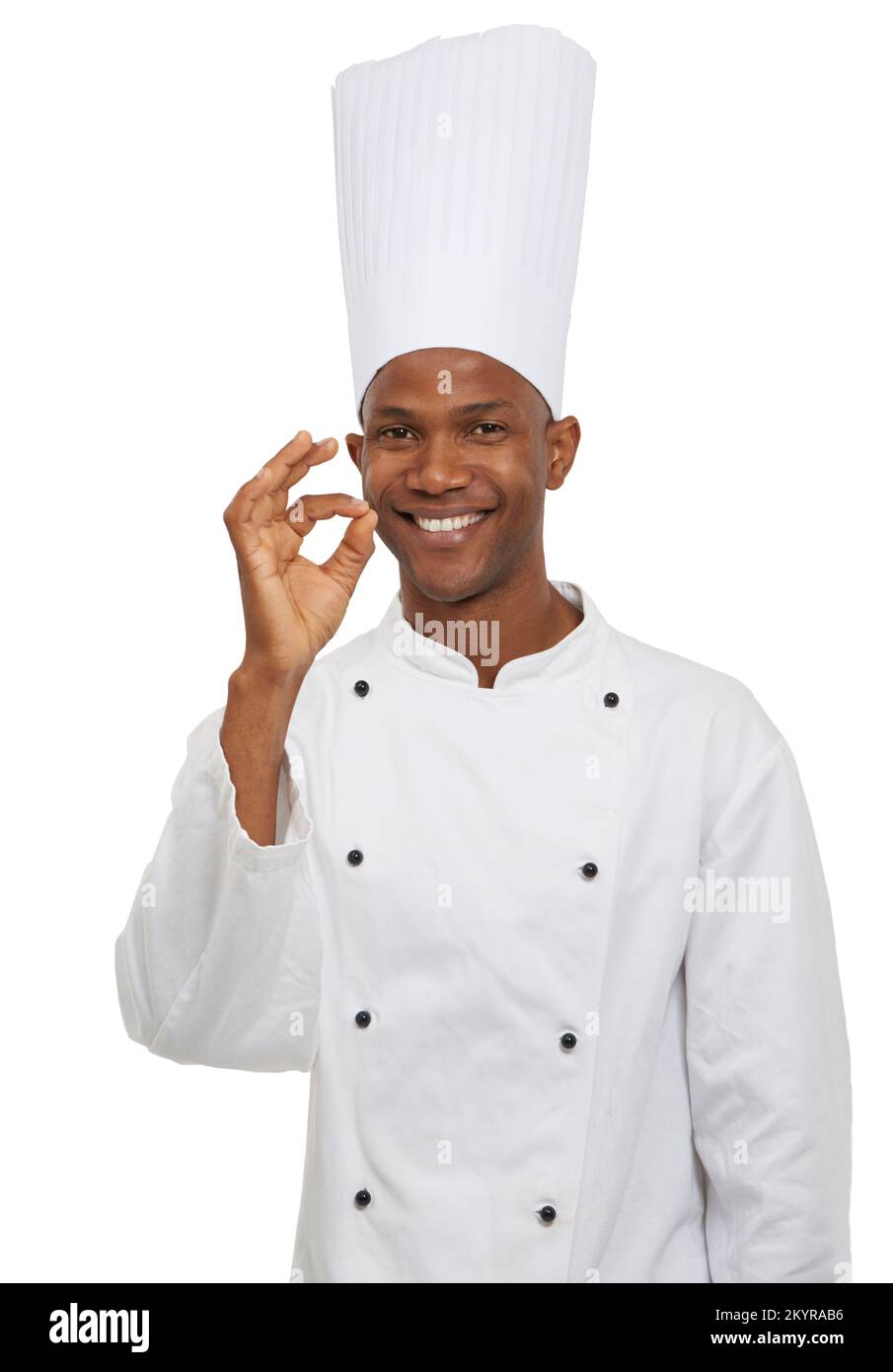 His dishes are always perfect. Portrait of an african chef signaling ... His dishes are always perfect. Portrait of an african chef signaling ...