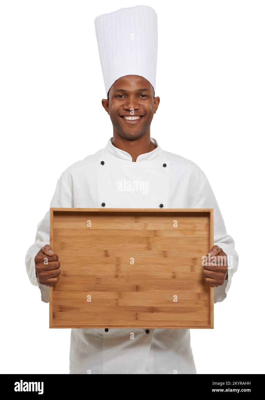 Ready to dish up a treat. An African-American chef holding a tray and ...