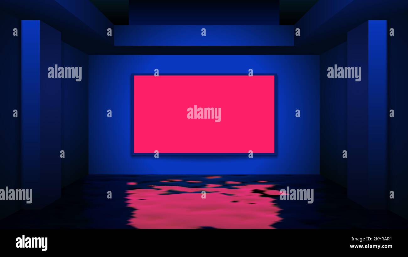 Blue cyberpunk interior with purple neon ad screen. Futuristic neon ...