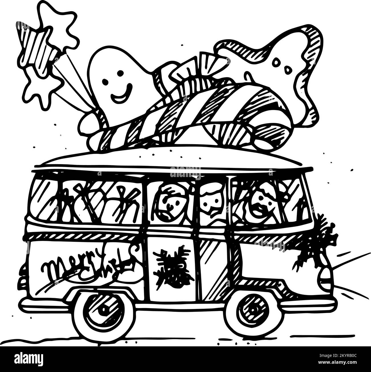 Hand Drawing Artistic Doodle Icon. Christmas Bus with Gifts. New Year ...