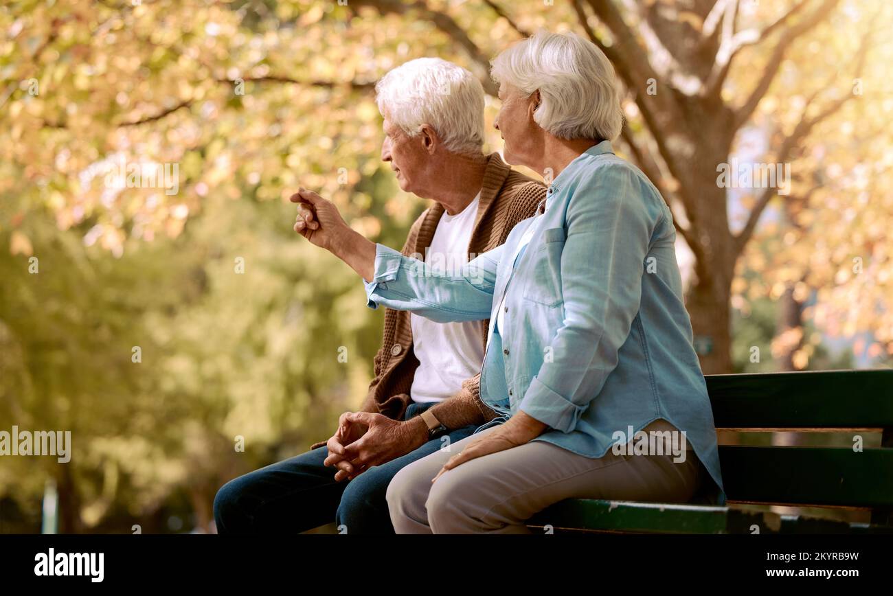 Park love, communication and senior couple in nature to relax ...