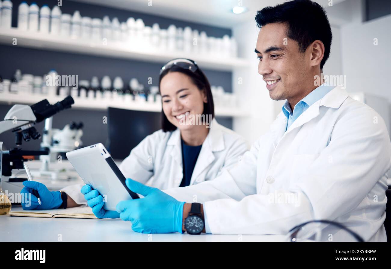 Research, collaboration and science with people and tablet in laboratory for medical, pharmacy ...