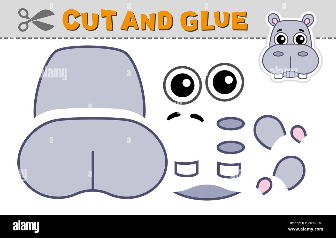 Cut out applique and glue a hippo head. Vector illustration. Paper game ...