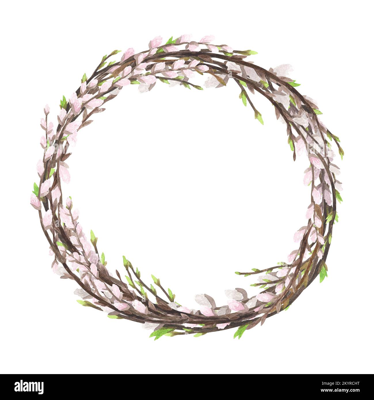 Wreath watercolor with pussy willow, spring twigs, green leaves ...