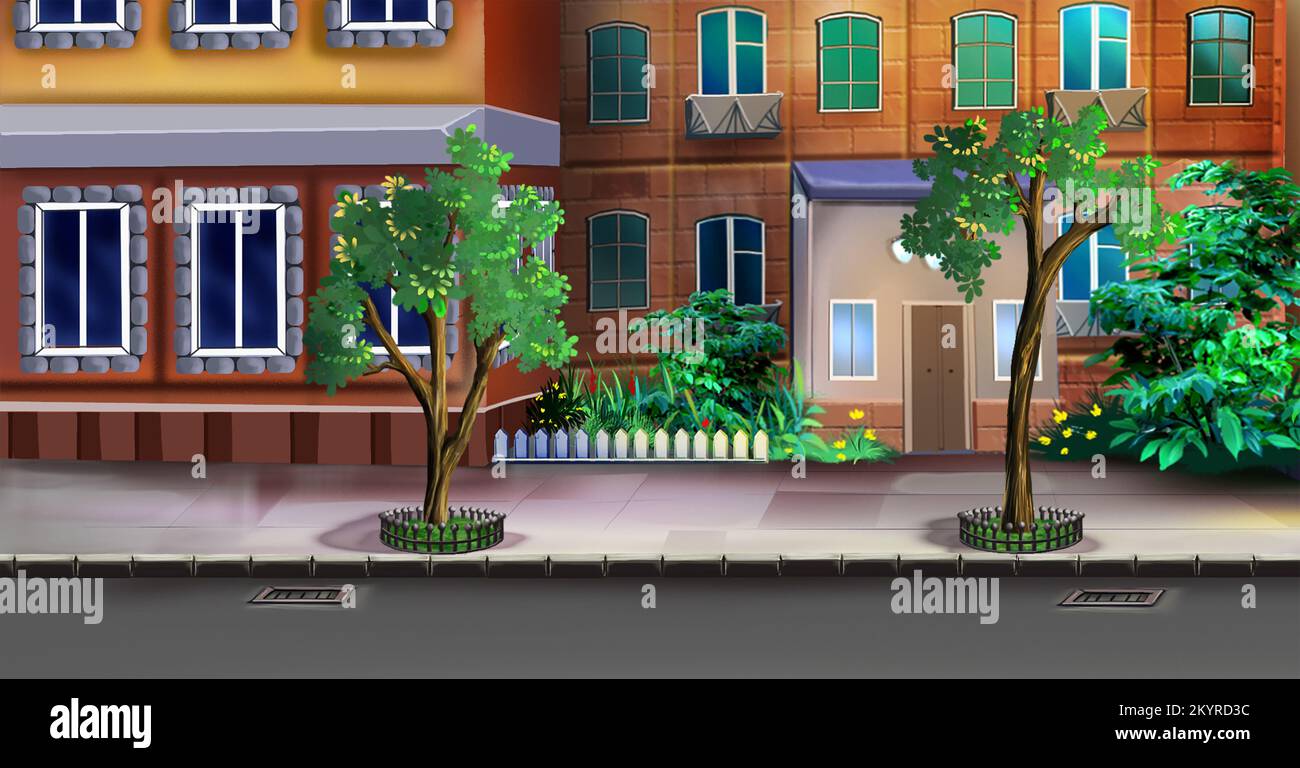 Street in the city on a summer day. Digital Painting Background ...