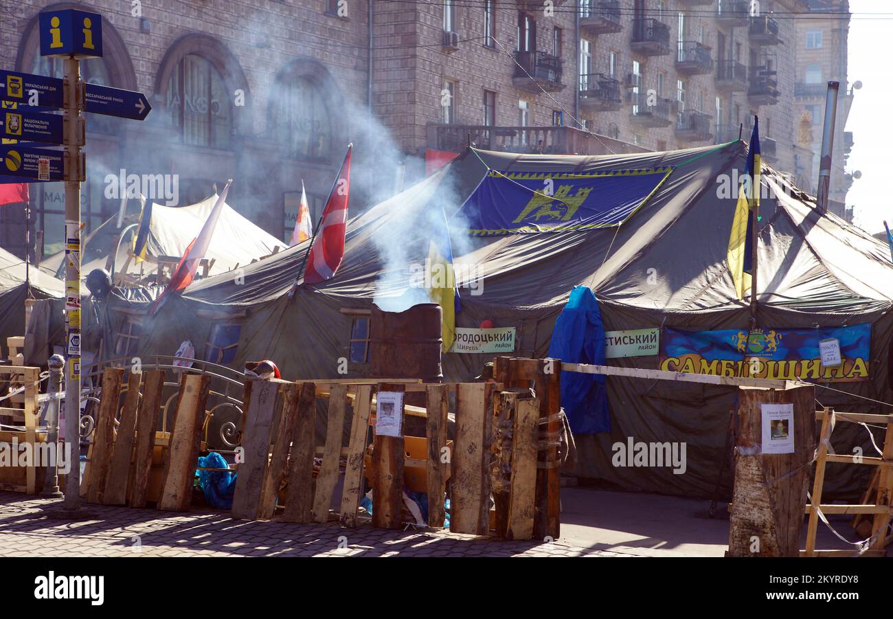 Kyiv, Ukraine March 8, 2014: Barricades during the revolution on Maidan ...