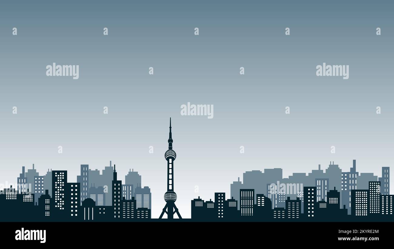 City silhouette of tall buildings with oriental pearl shanghai ...