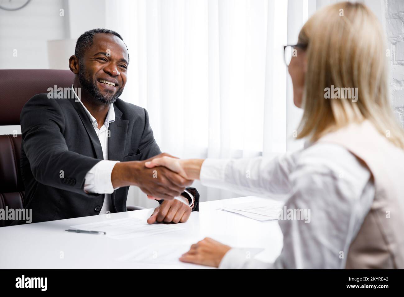 Hiring, interview. Business african american middle aged boss having a ...