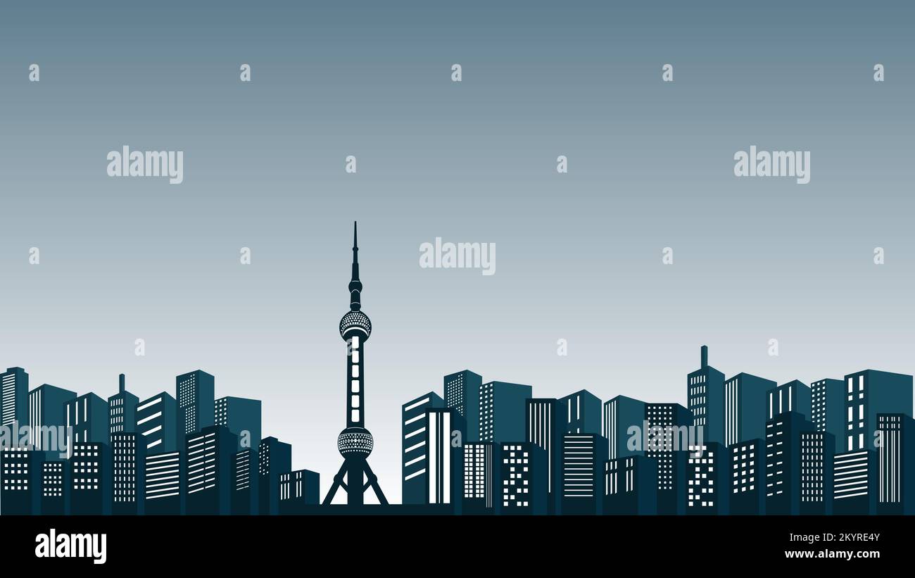 City night scene with lots of buildings with views of the oriental pearl shanghai. Collection ...