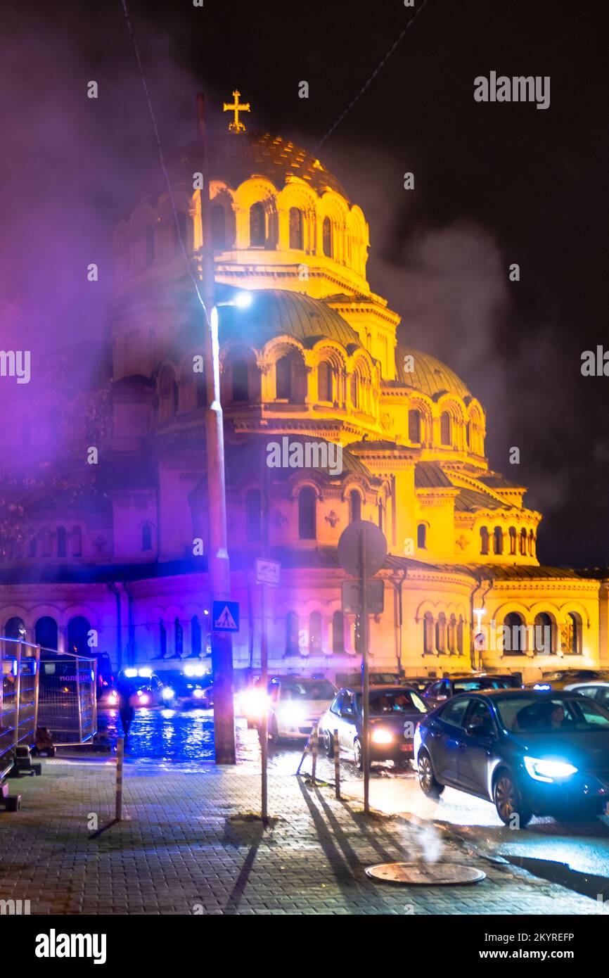Saint Alexander Nevsky Cathedral at dusk with car lights, Sofia Stock Photo - Alamy