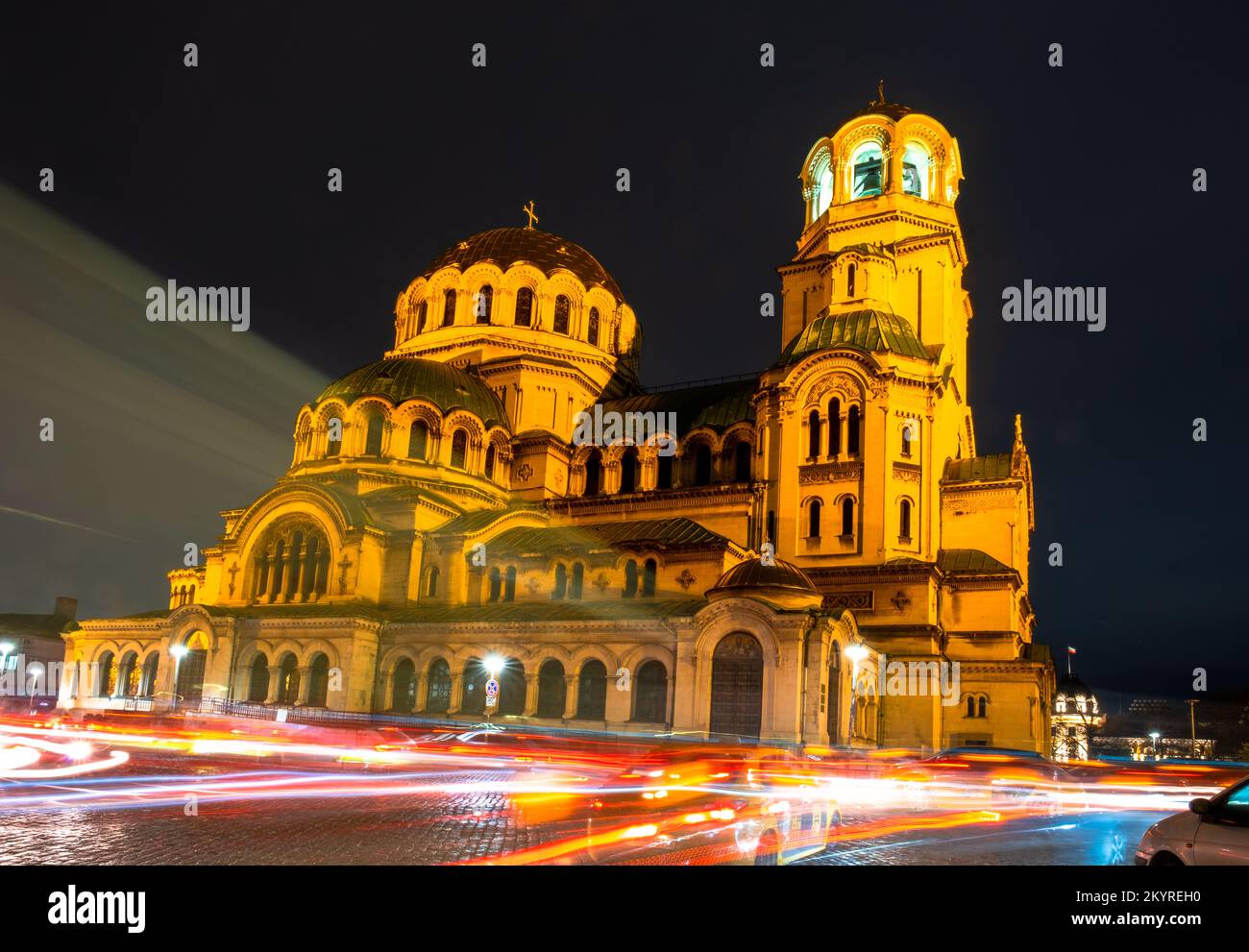 Saint Alexander Nevsky Cathedral at dusk with car lights, Sofia Stock Photo - Alamy