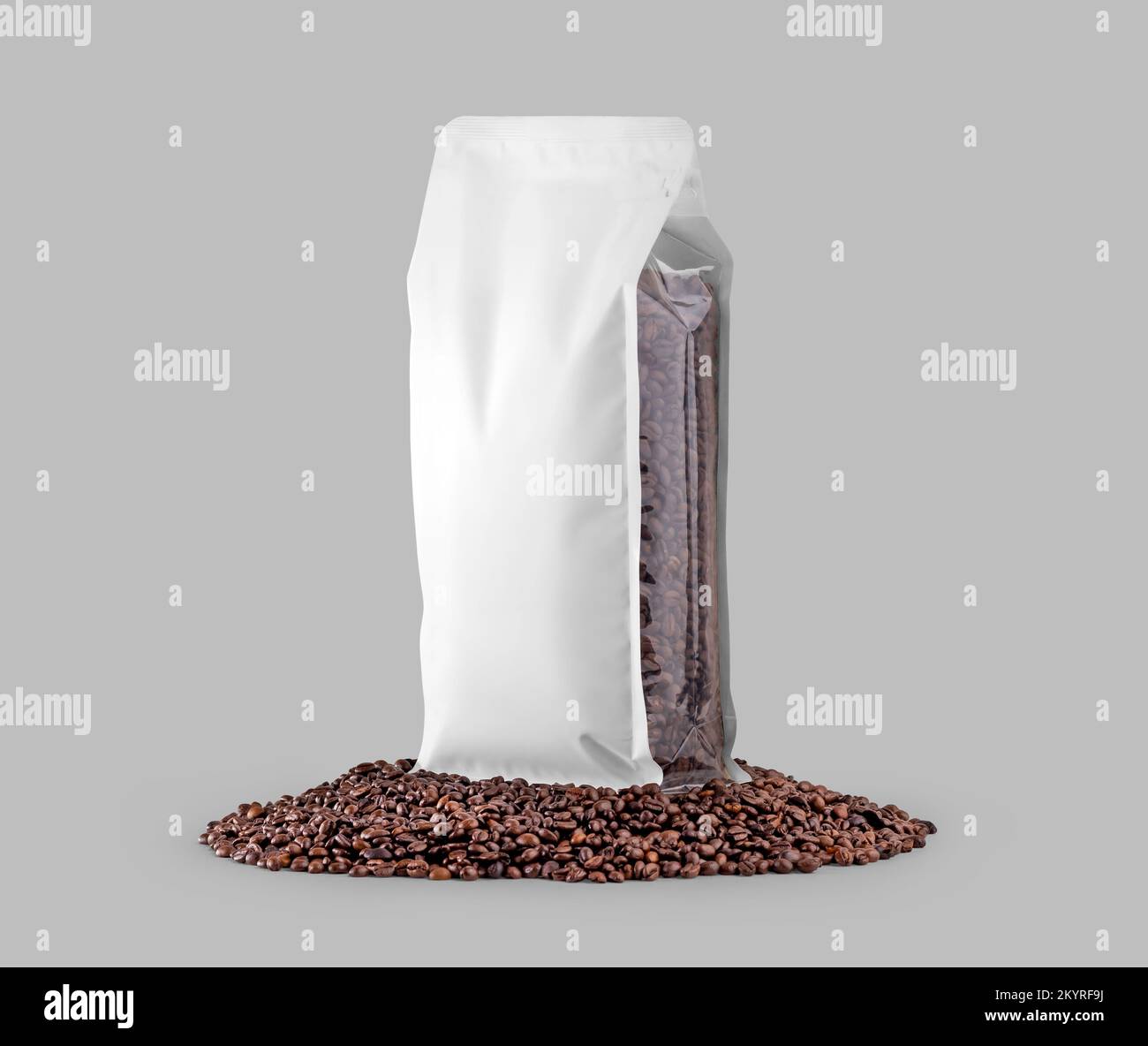 Mockup of white gusset packaging with transparent side insert, pouch ...