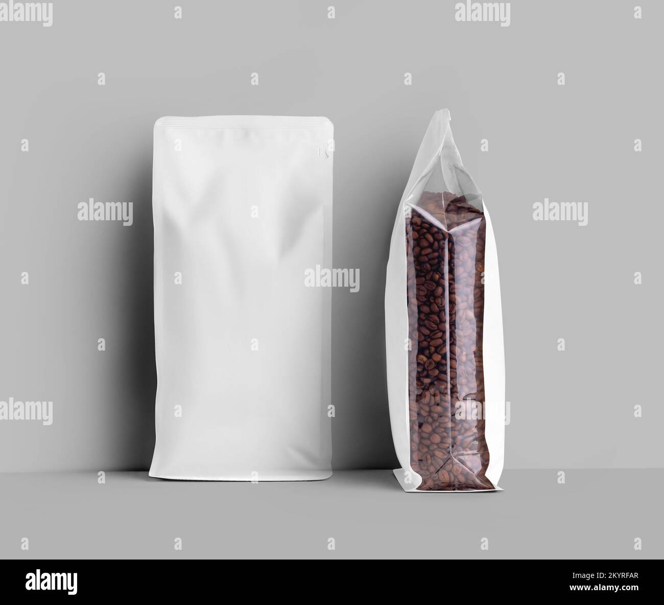 Template of white gusset packaging with transparent inserts, front view ...