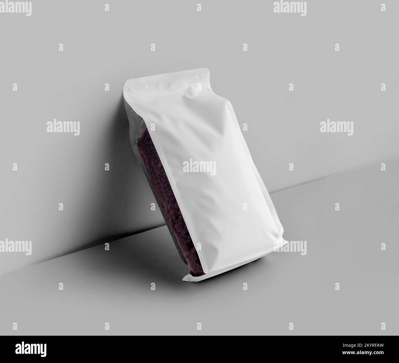 Mockup of white gusset packaging, transparent pouch with coffee beans ...