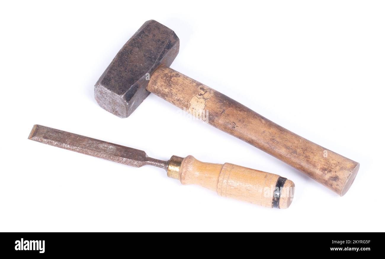 Old rusty chisel and hammer isolated on a white background Stock Photo - Alamy